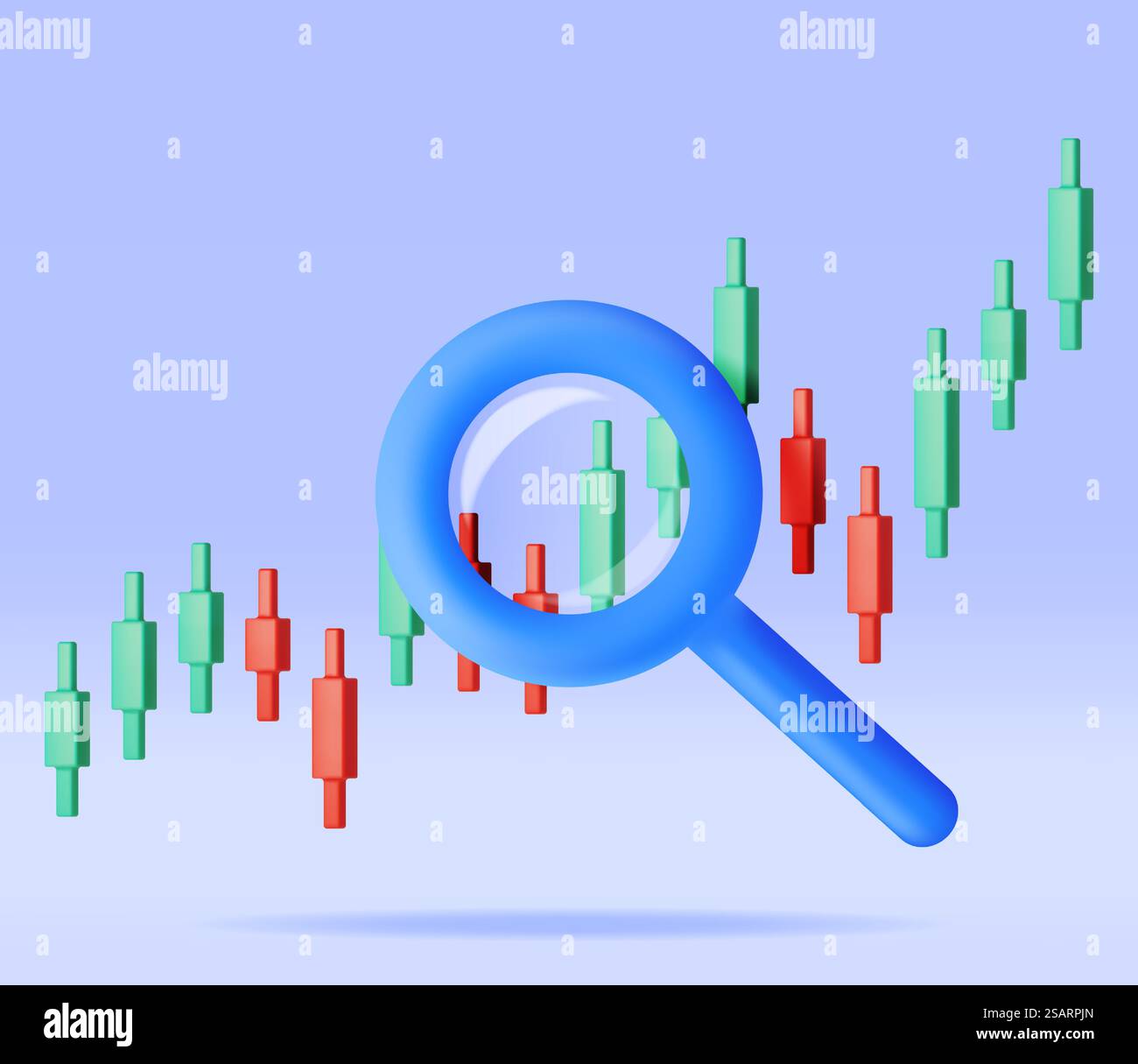 3D Stock Candle with Magnifying Glass Isolated. Render Stock Bars Shows ...
