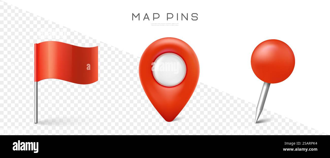 Pin set with shadow. Map marks for gps point. Vector 3d red plastic pushpins or board tacks for ...