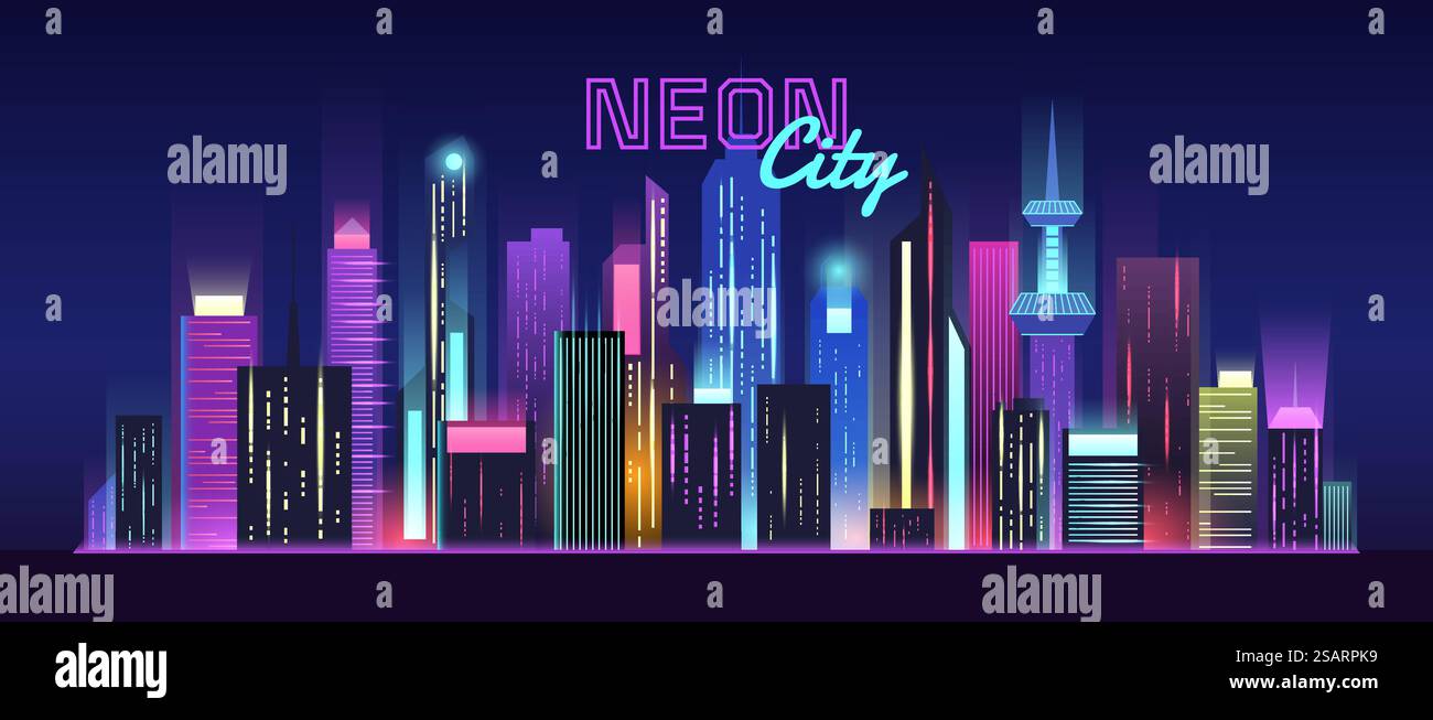 Futuristic city. Neon town cityscape with glowing skyscrapers ...