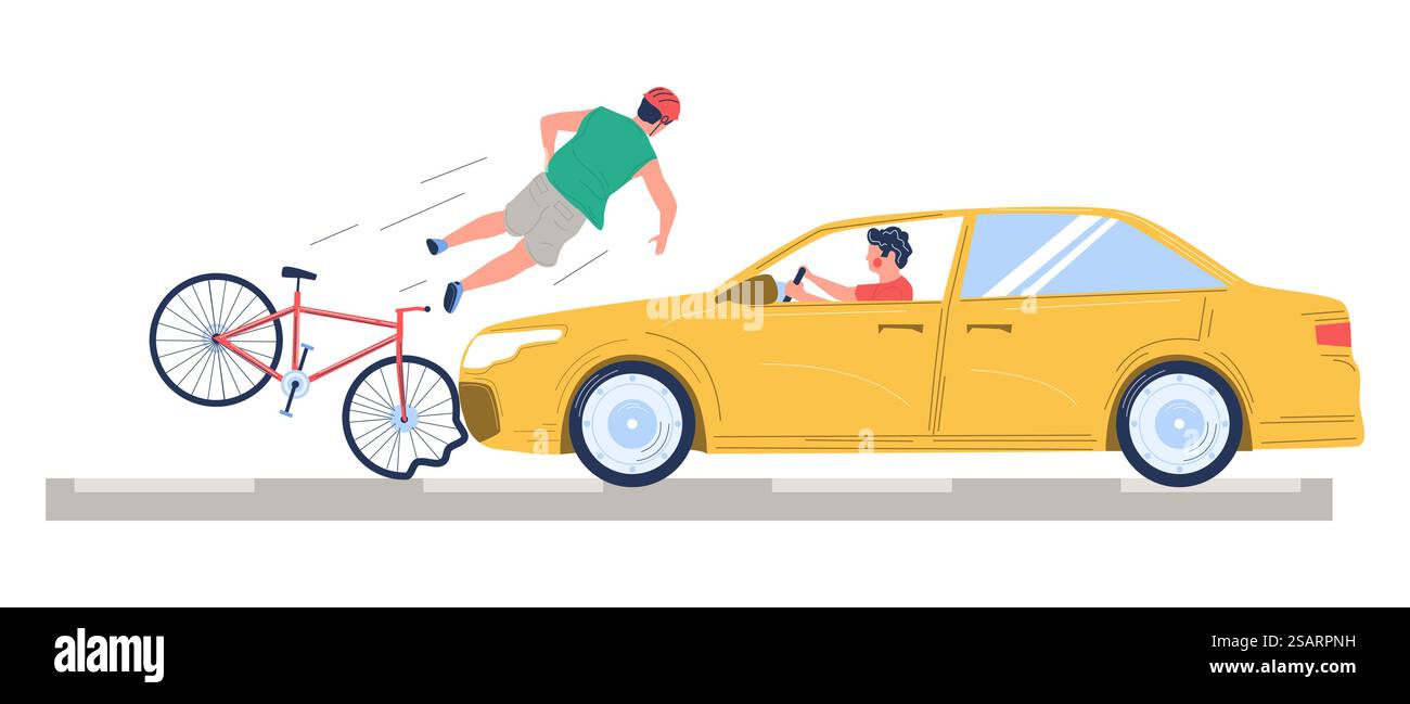 Highway road traffic accident with bicyclist and car driver vector ...