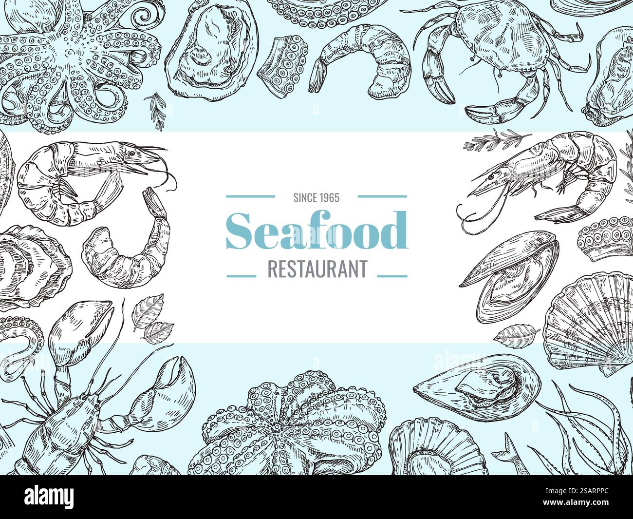Seafood menu flyer. Sea restaurant banner with hand drawn sketch ...