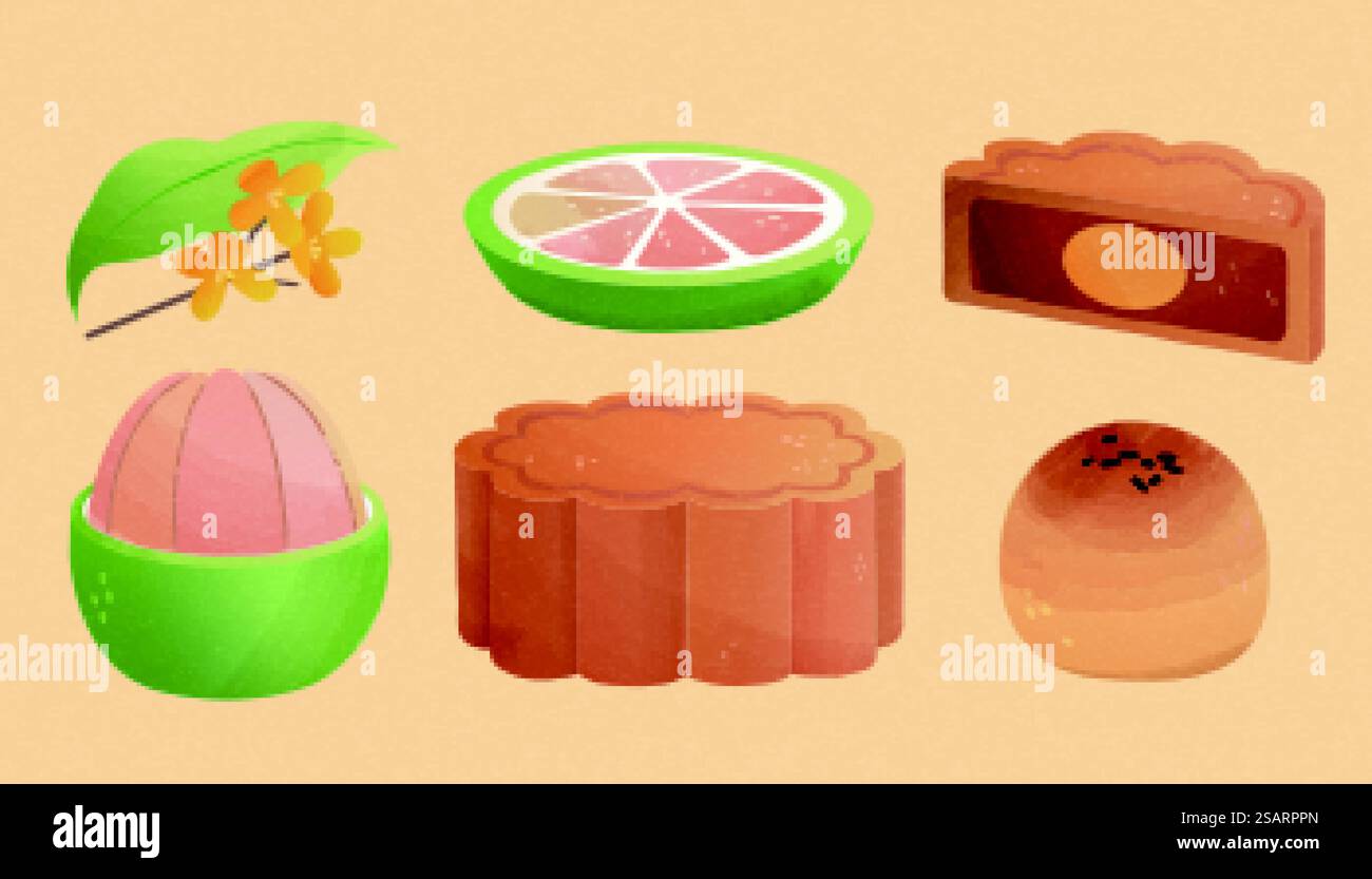 Traditional mid autumn elements isolated on beige background, including ...