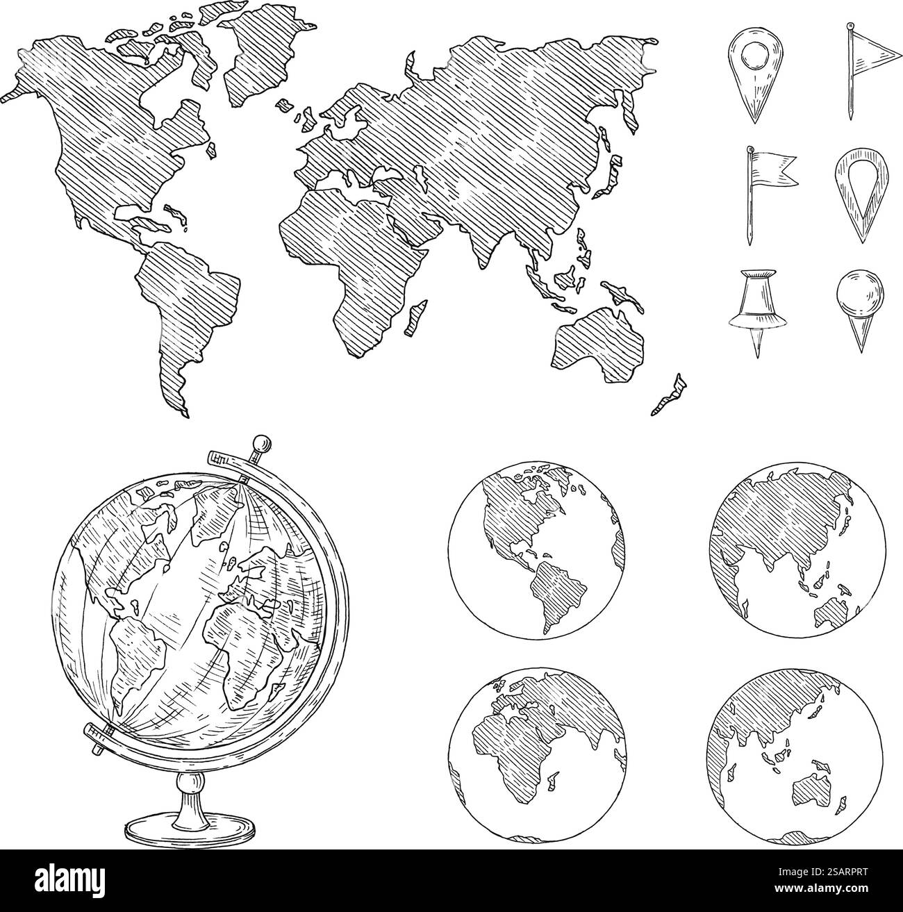 Sketch globe maps. Hand drawn earth lands, doodle world map with ...