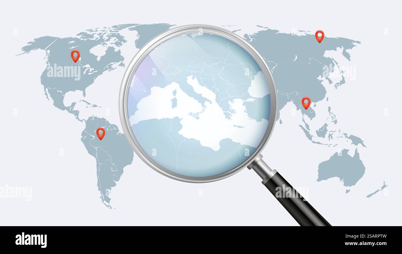 World map with a magnifying glass pointing at Europe. Map of Italy in the loupe. Vector ...
