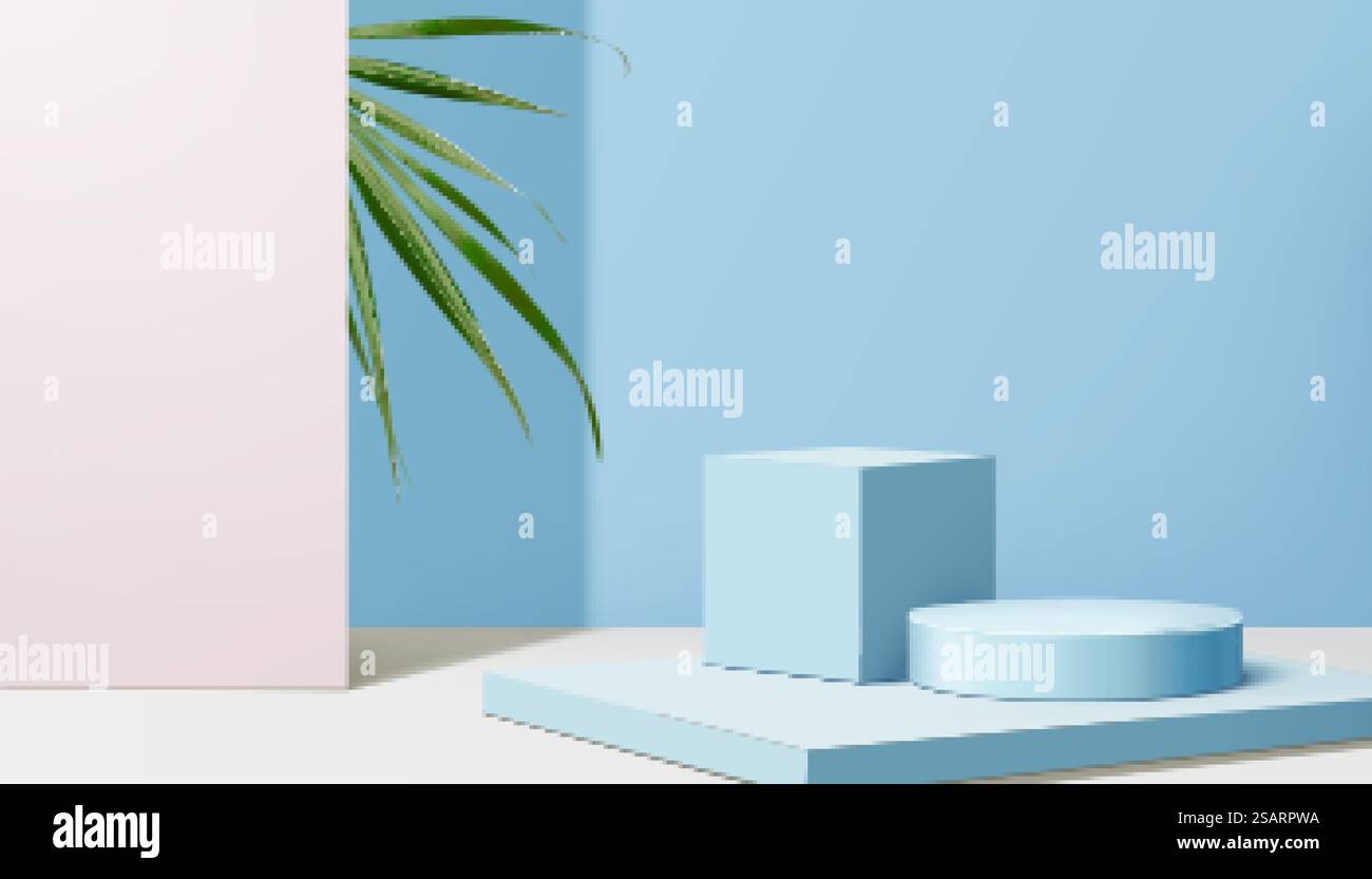 Ad background template with blue square and round stage and palm leaves ...