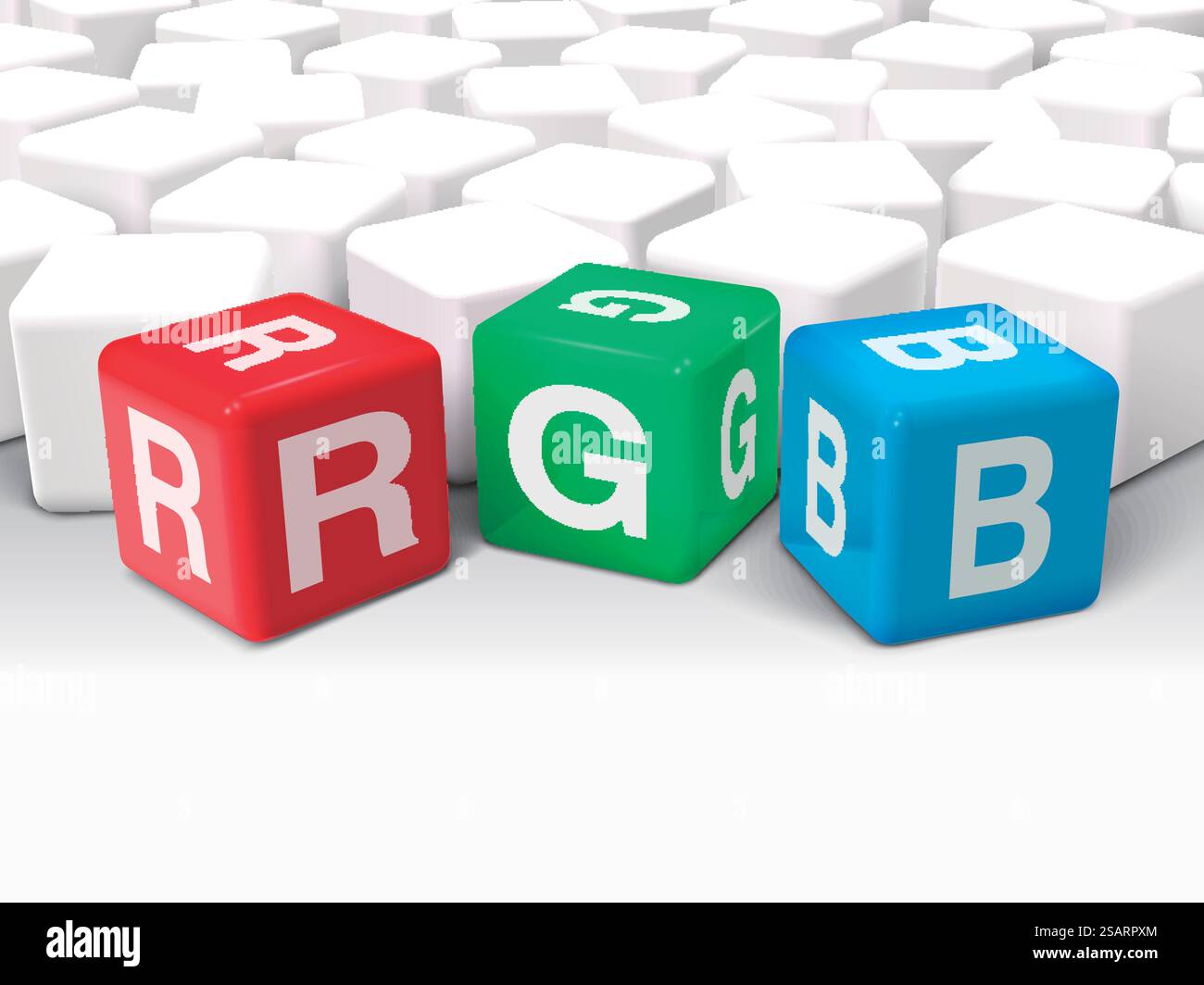 3d illustration dice with printing concept word RGB on white background. 3d dice illustration ...