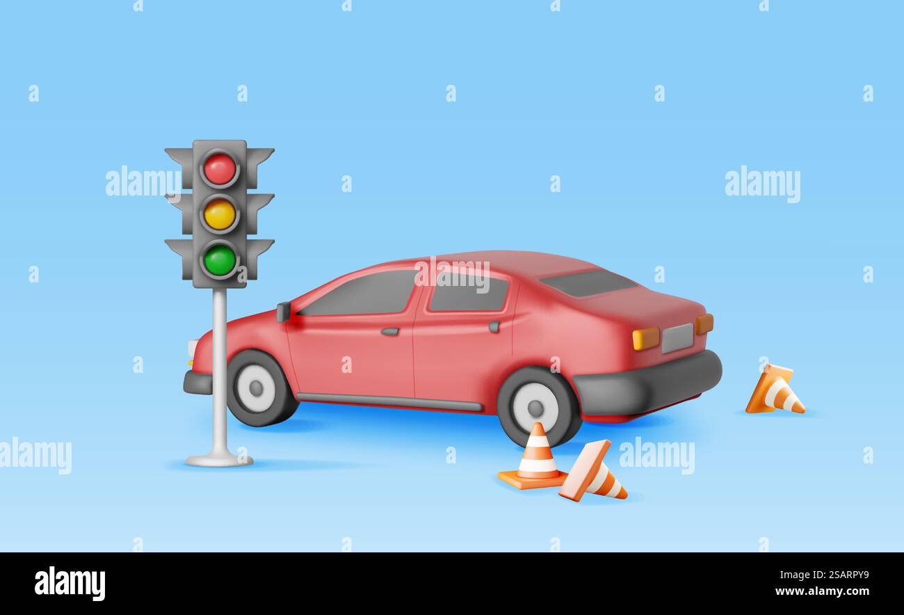 3D Sedan Car with Traffic Cones and Traffic Lights Isolated. Render ...