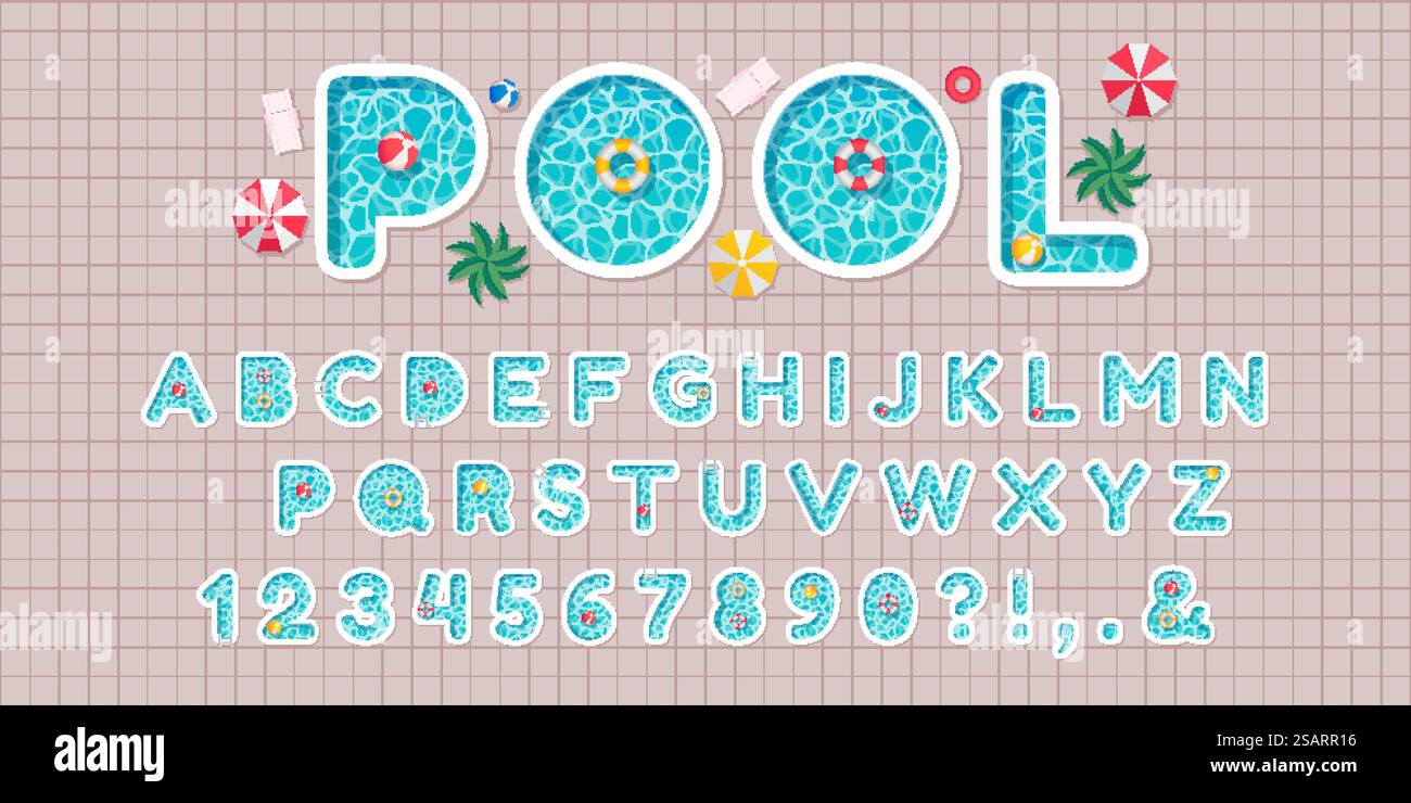 Pool party font. Swimming pools alphabet letters and numbers with water ...
