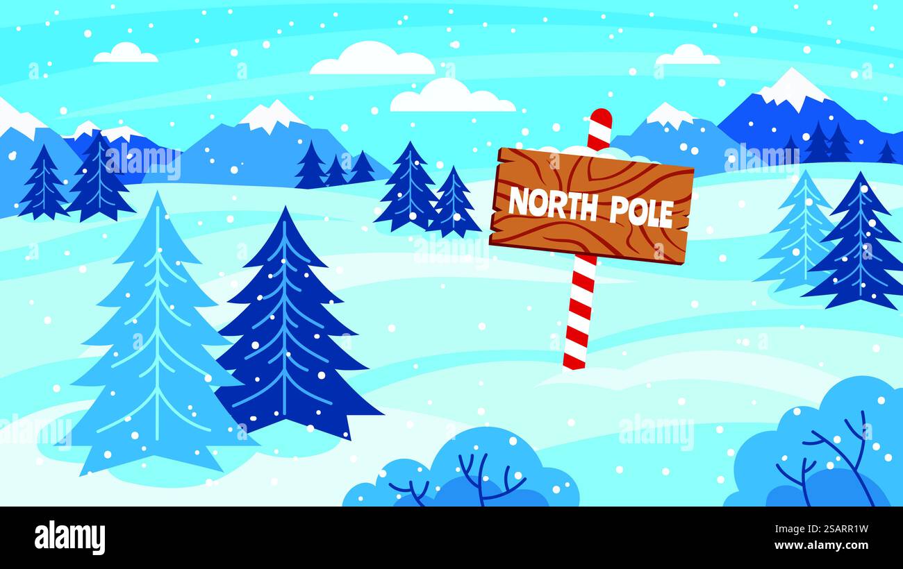 North pole sign snowy forest woods landscape with location pointer hi ...