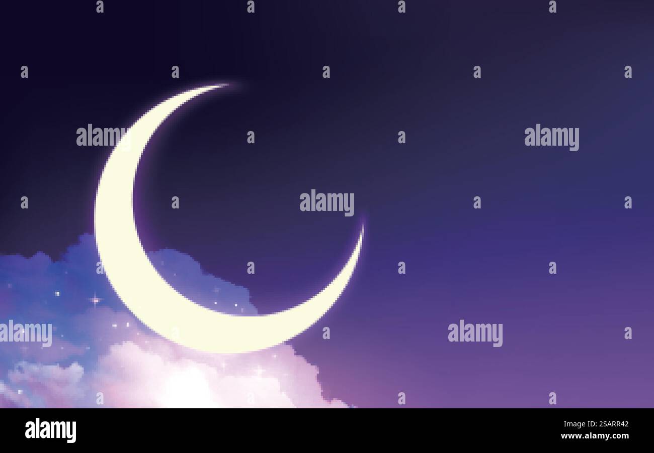 3d surreal violet midnight sky background with glowing crescent moon ...