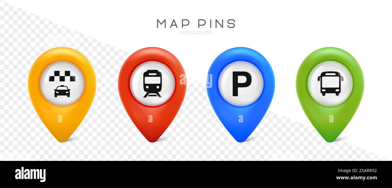 Map pin set. Map pointer for parking, taxi, bus and tram station. Map marks for gps point ...