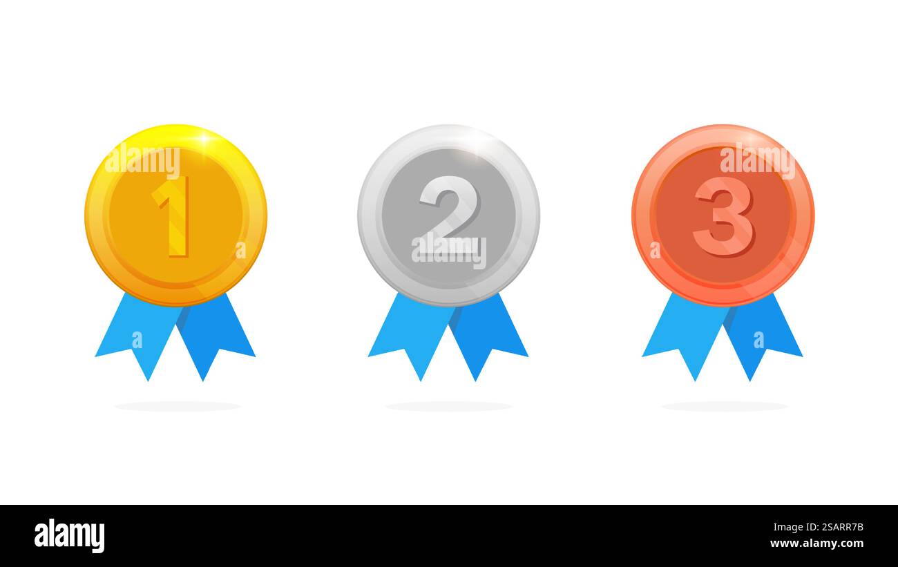 Gold, silver and bronze medal with blue ribbon flat vector icons for ...