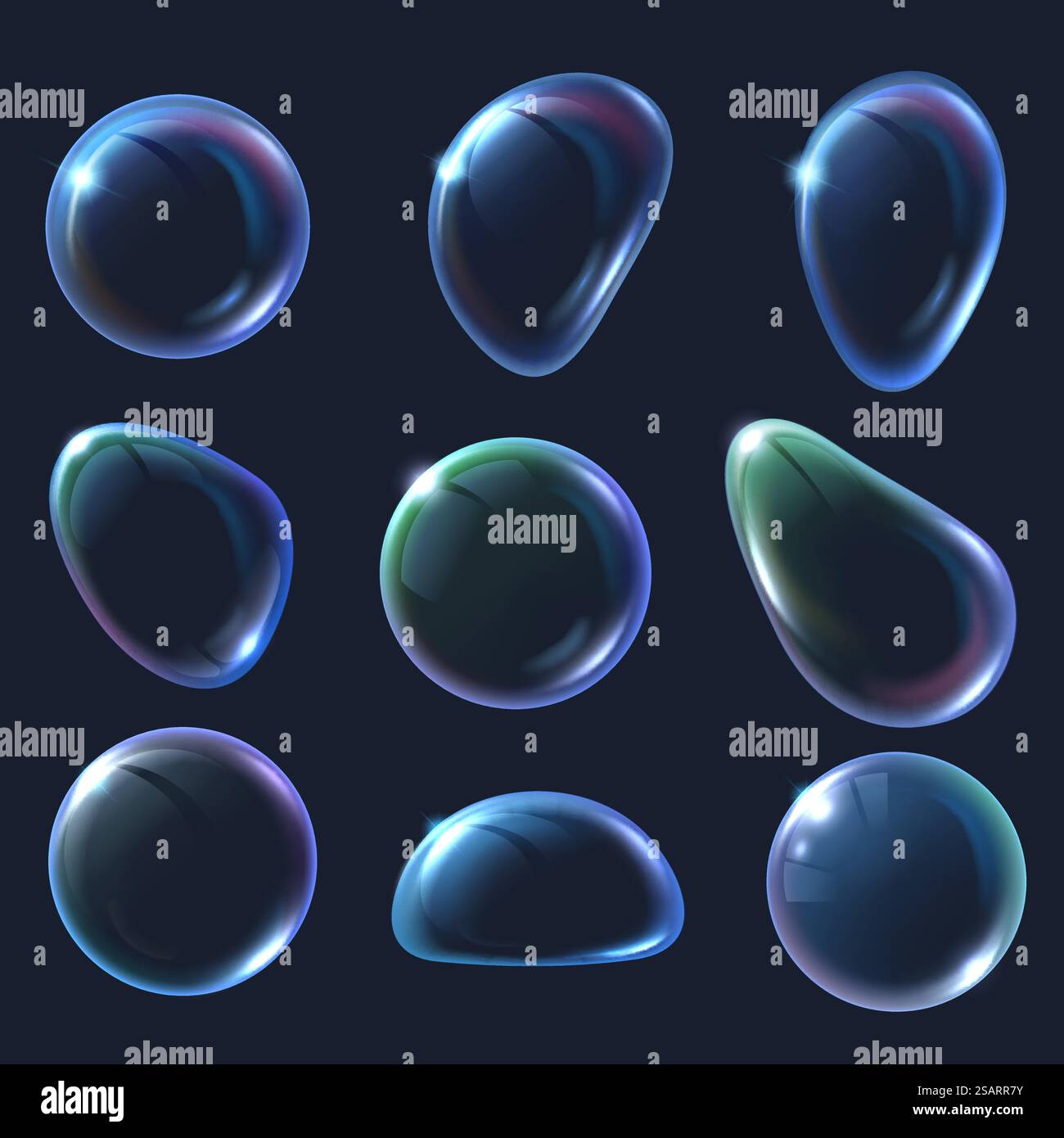 Realistic 3D soap bubble. Soapy bubbles in various shapes, iridescent ...