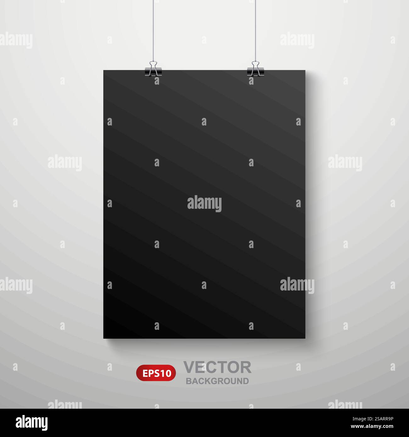 Vertical realistic poster mockup with black sheet of paper A4 on a rope ...