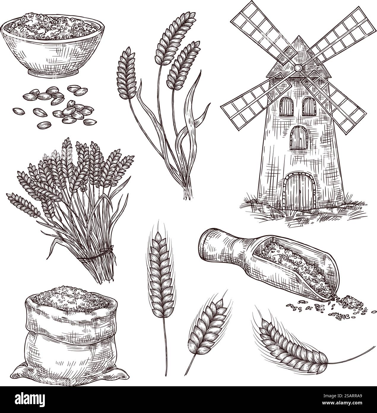 Hand drawn wheat. Sketch bag of grains, windmill, ear spikes and seed ...