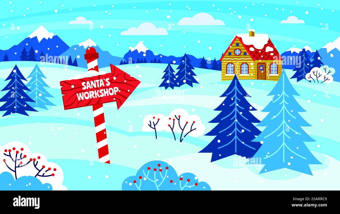 Santa s Workshop. North Pole Christmas residence, elf village card for ...