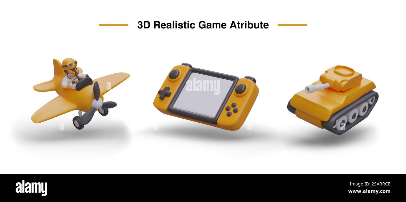 Set of realistic game attributes. Yellow vintage plane with pilot, game ...