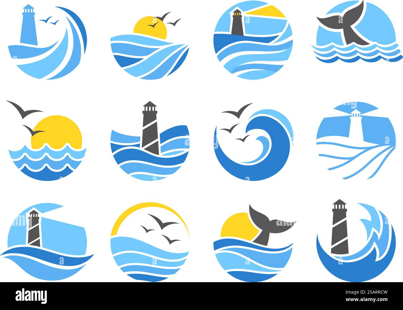 Ocean emblem. Sea waves with seagulls, lighthouse icon and whale tail ...