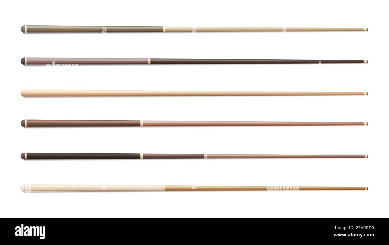 Vector set of wooden billiard cues. Realistic Snooker sports equipment. Vintage pool cue. Active ...