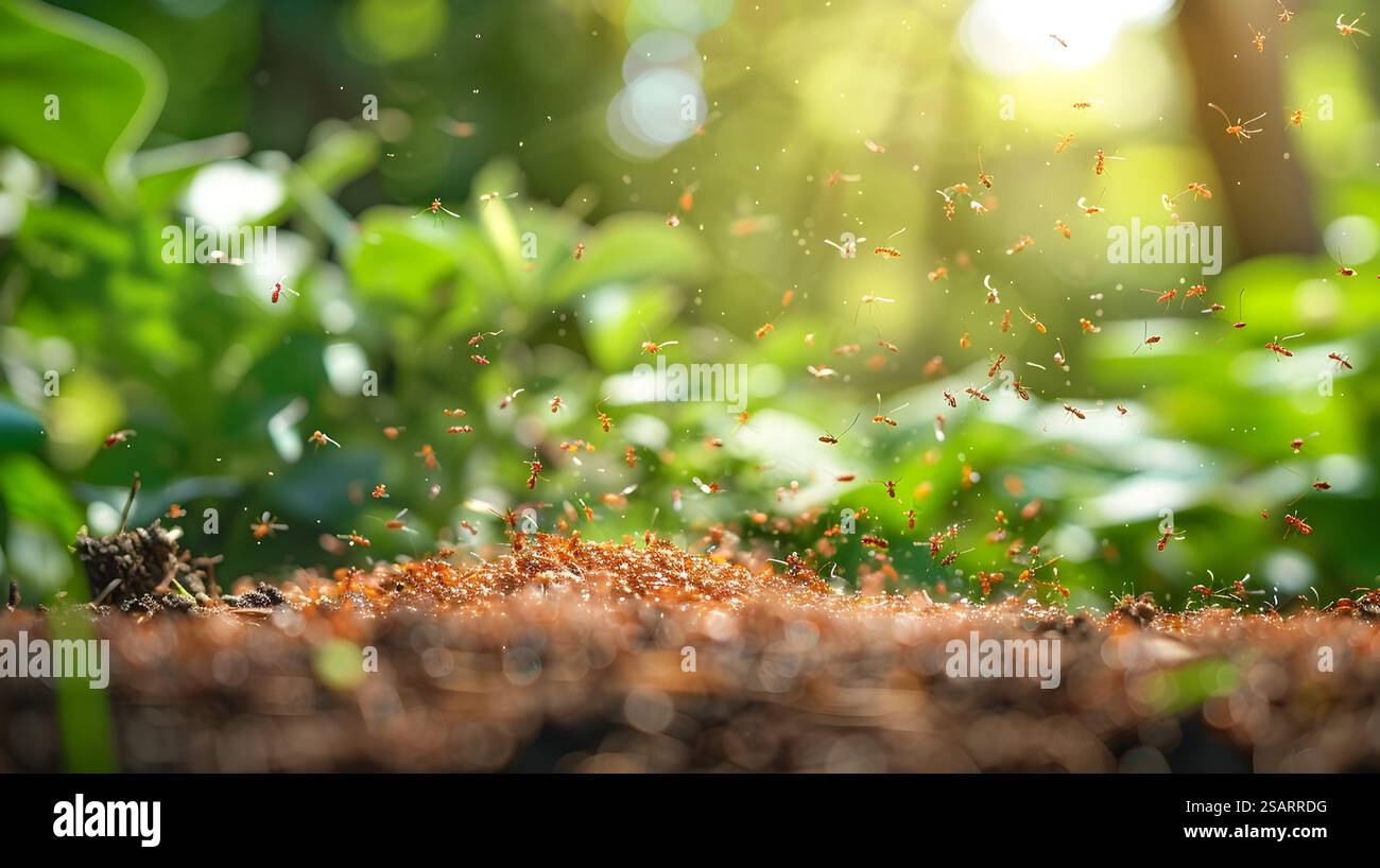 This close-up image captures the vibrant red fire ants scattering from ...