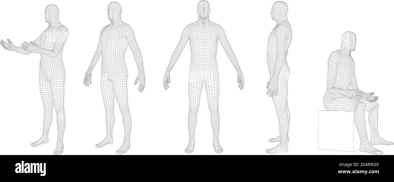 Wireframe human body. Polygonal 3D mesh male character, man dummy ...