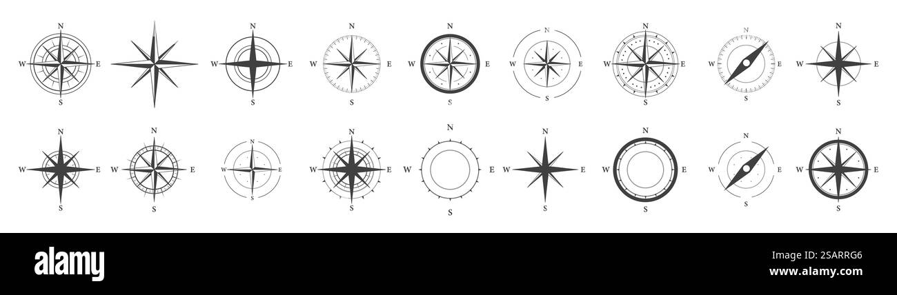Compass icons. Set of vector simple compass symbols. Wind rose icon ...