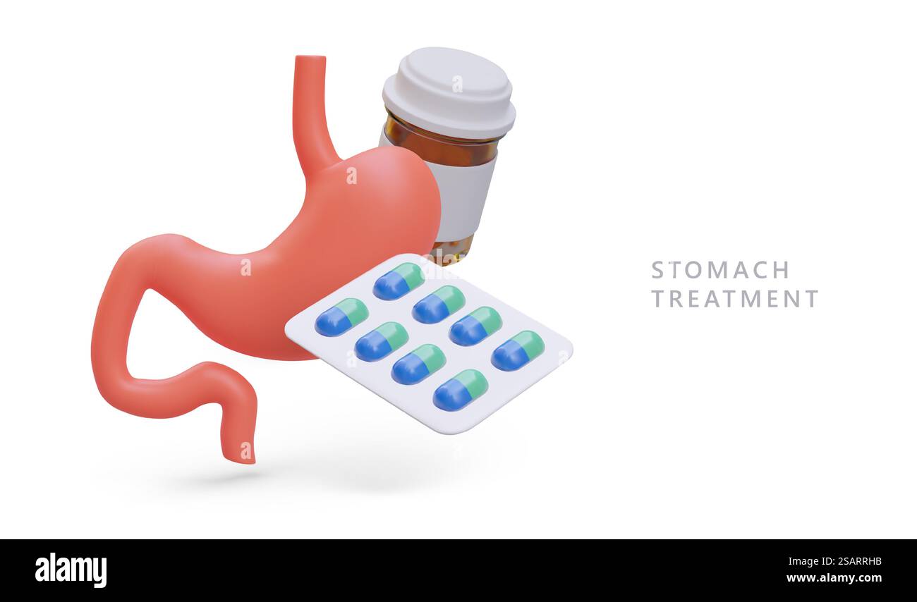 3D human stomach, jar with pills, blister with capsules. Medicines for ...