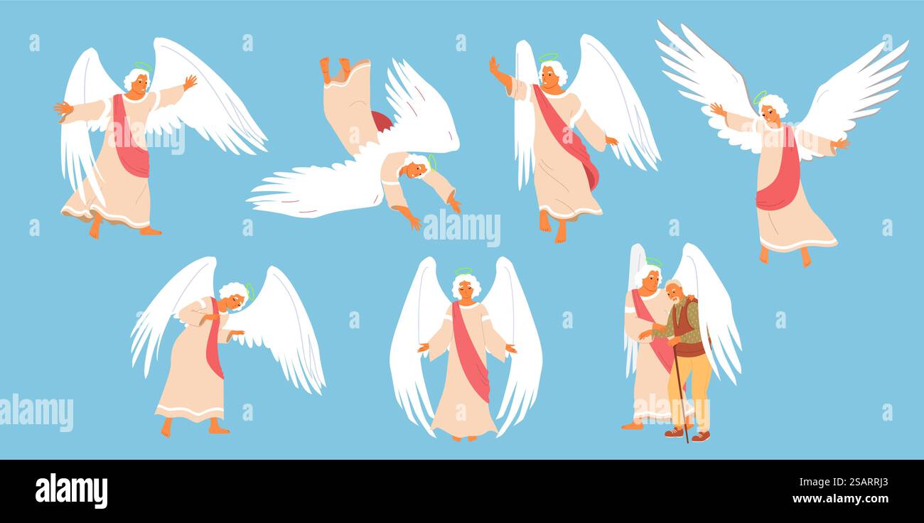God guardian angels characters with wings wearing gown in different ...