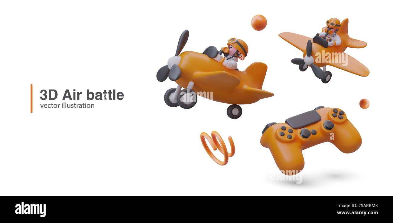 Concept of virtual battle in air. Retro plane with pilot, gamepad ...