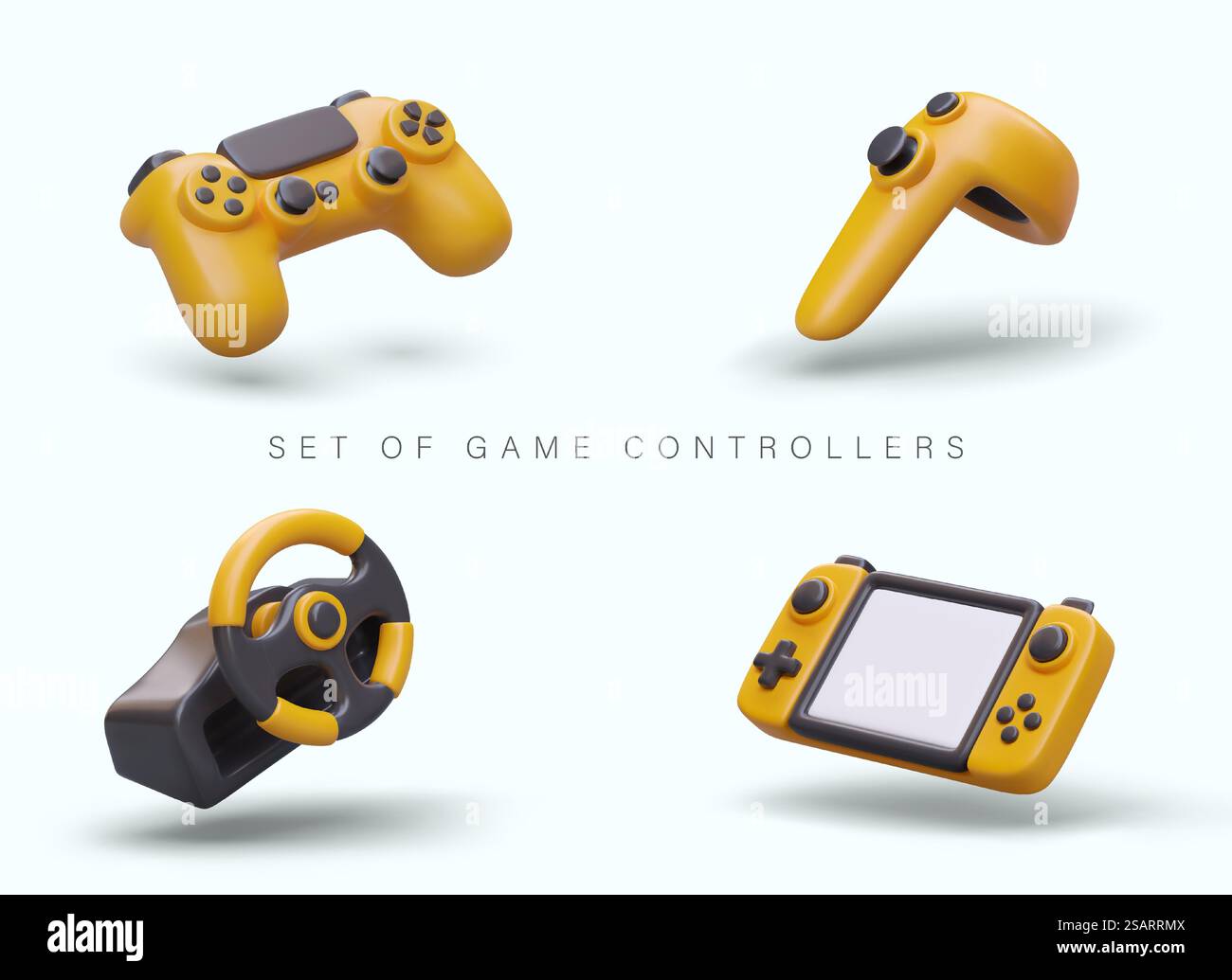 Collection of yellow game controllers. Different types of joysticks ...