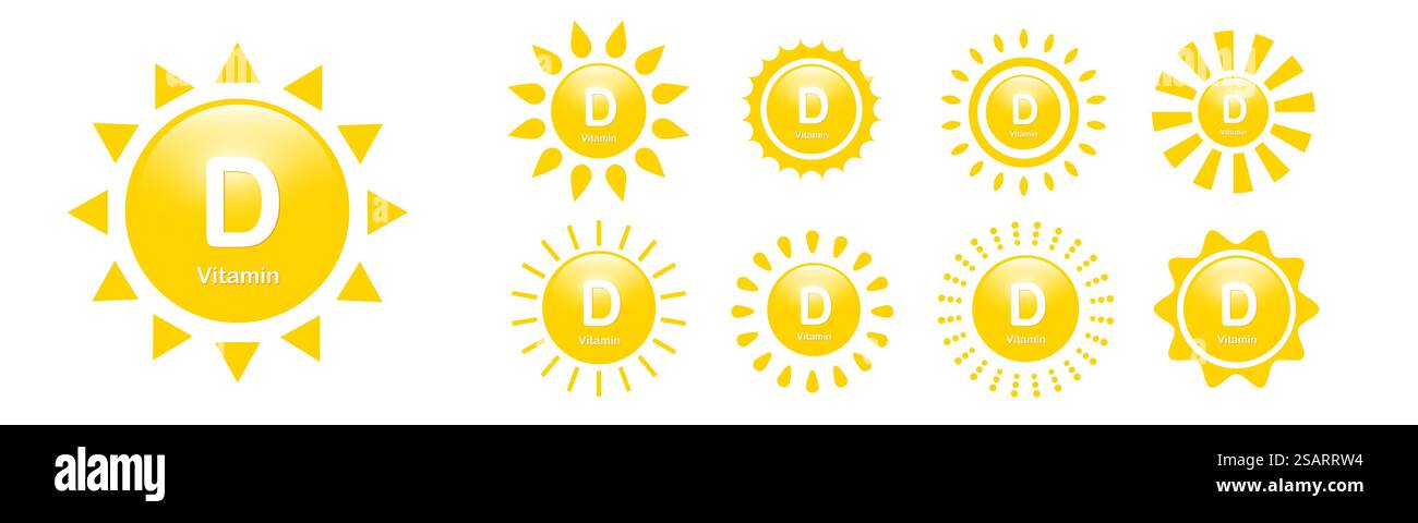 Vitamin D icons set with Sun. Vector D3 signs. Flat design elements ...