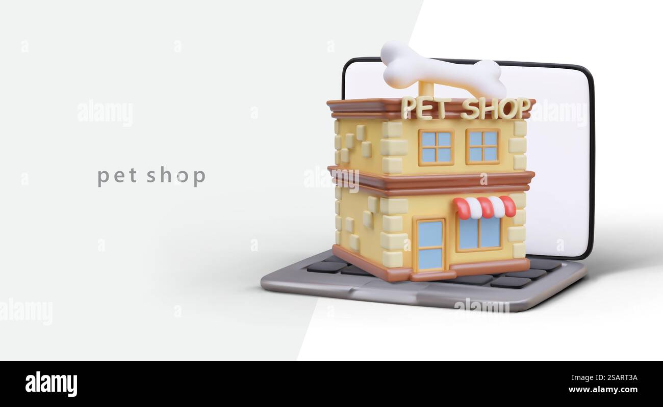 Open laptop, two story pet shop with decorative bone on roof ...