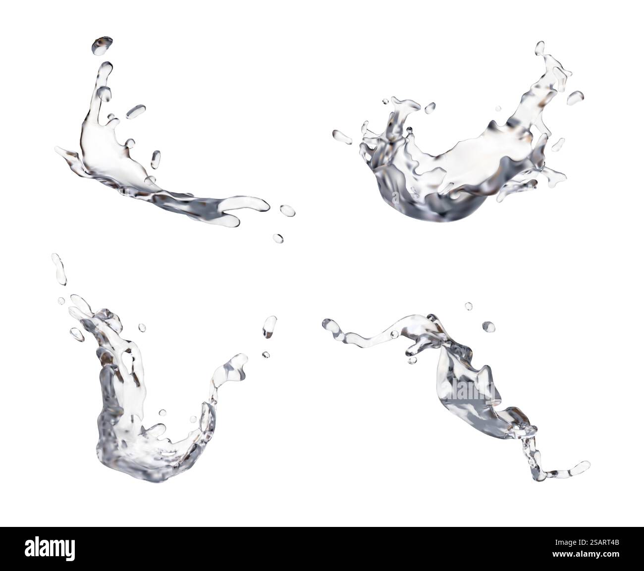 Set of four different splash liquid flying on white background ...