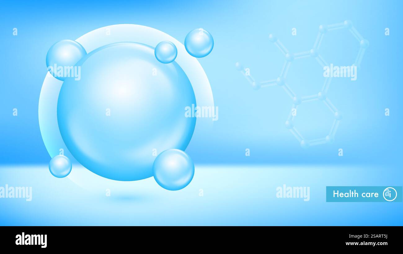 Water bubbles on blue background. Vitamin complex with chemical formula ...