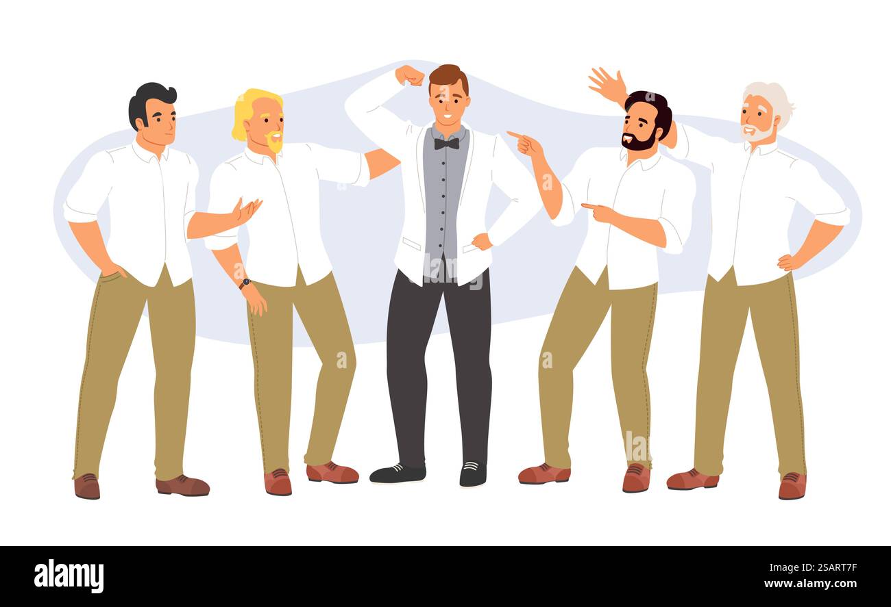 Bachelor party vector illustration with happy groom and friends dancing ...