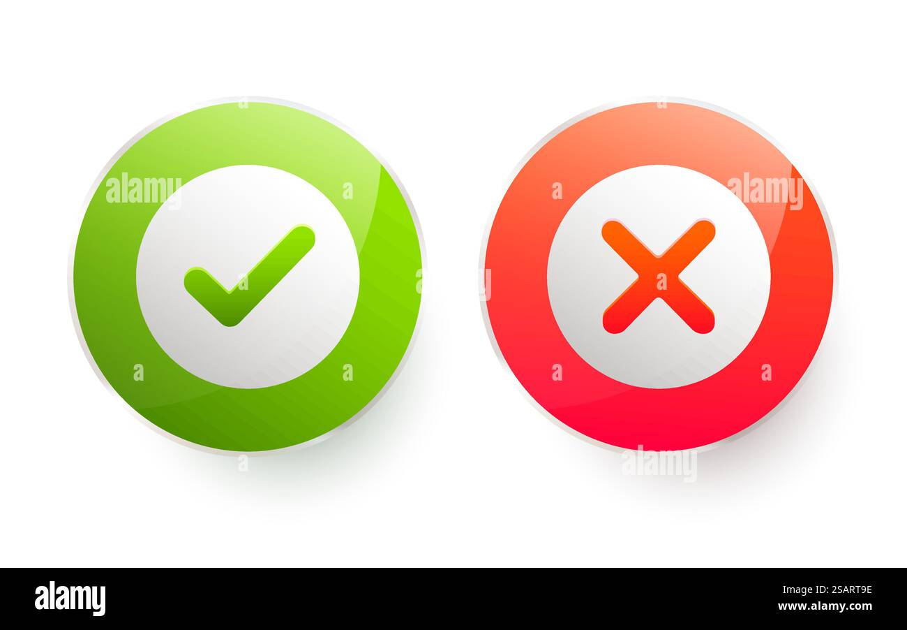 Tick and cross signs in frame. Green checkmark OK and red X icons. Symbols YES and NO button for ...