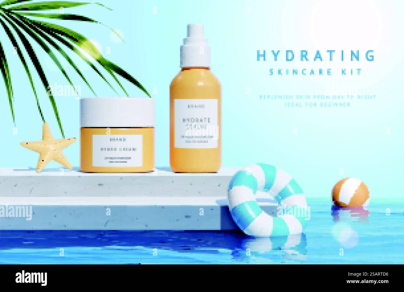 3d product display scene for summer cosmetic kit. Plastic serum bottle ...