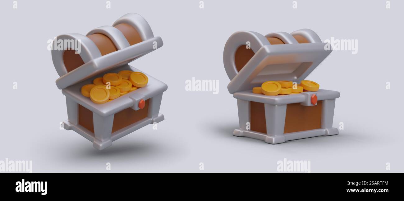 3d realistic gold chest in different positions. Open treasure chest ...