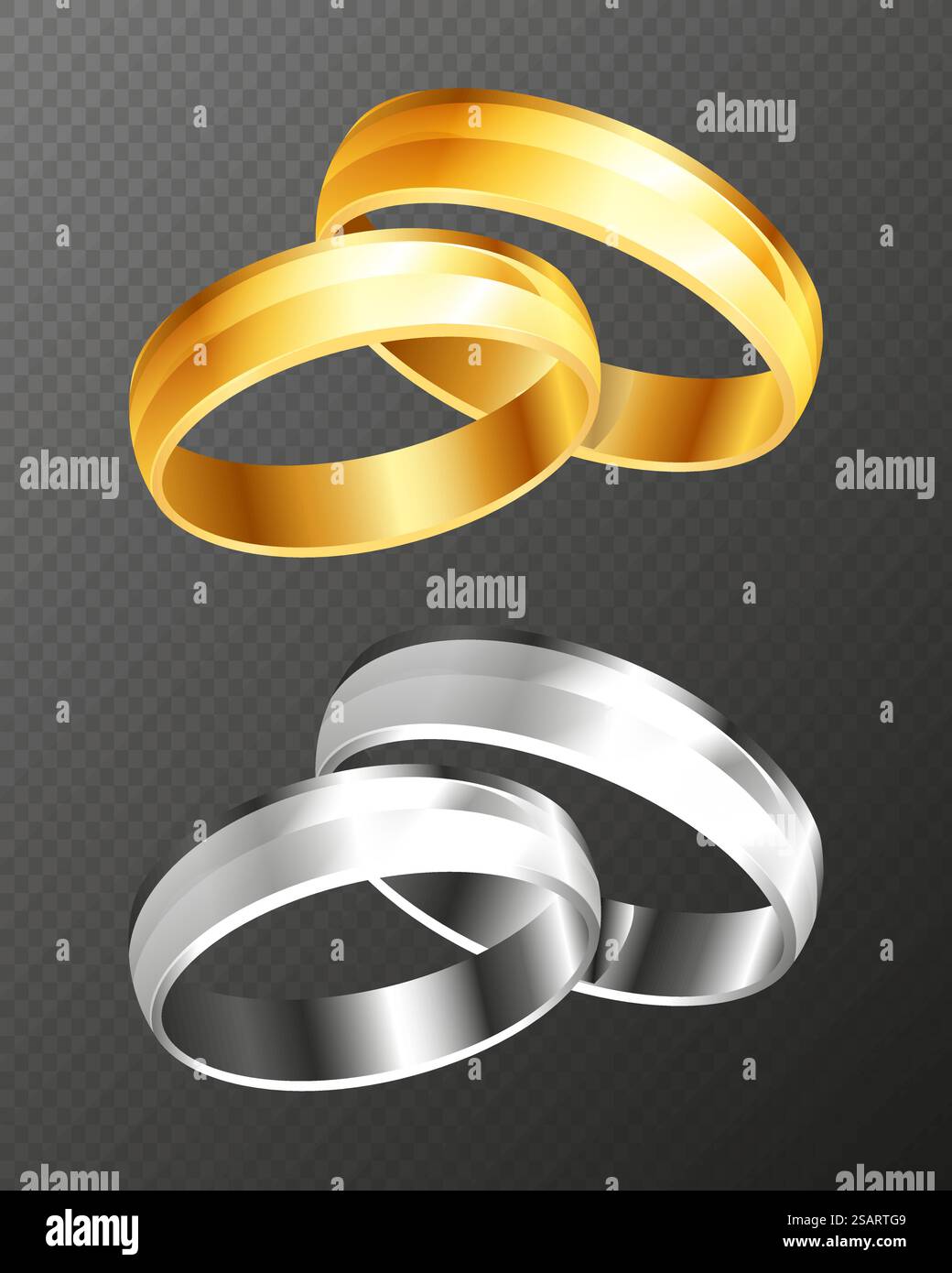 Wedding gold and silver rings set isolated on transparent background ...