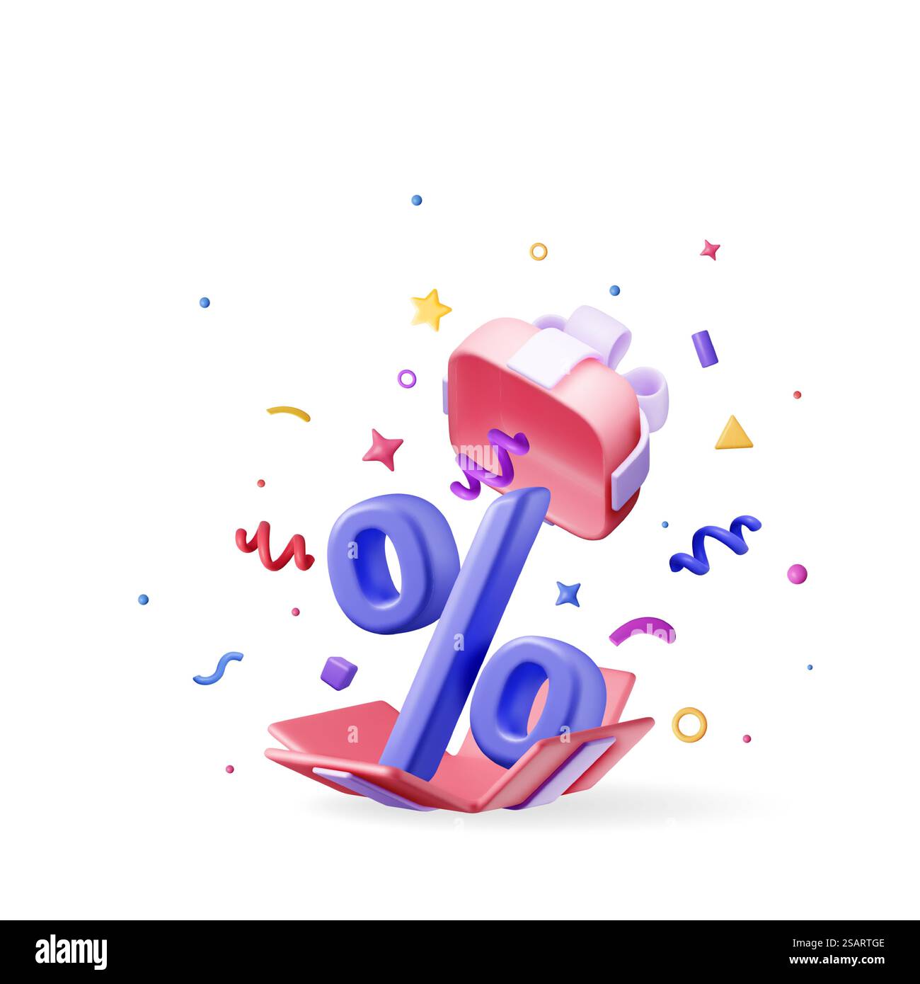 3D Opened Gift Box with Percentage Symbol Inside and Confetti. Render ...