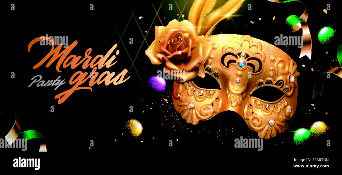 Mardi gras banner design with golden mask, streamer and balls on green ...