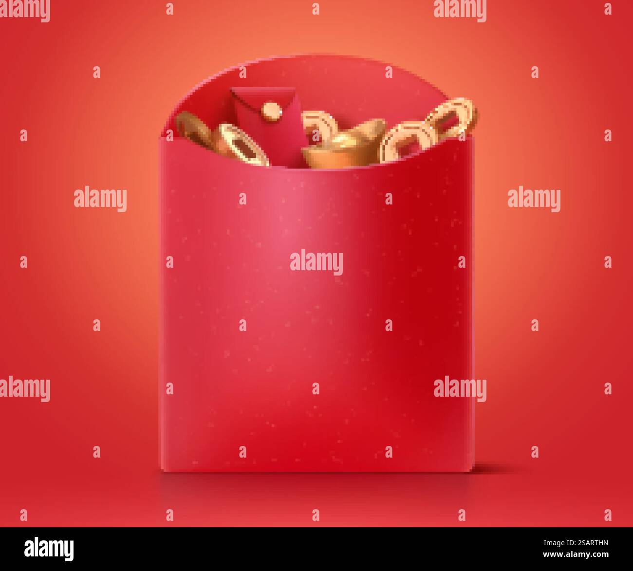 3d illustration of big red envelope filled with gold ingots and coins ...