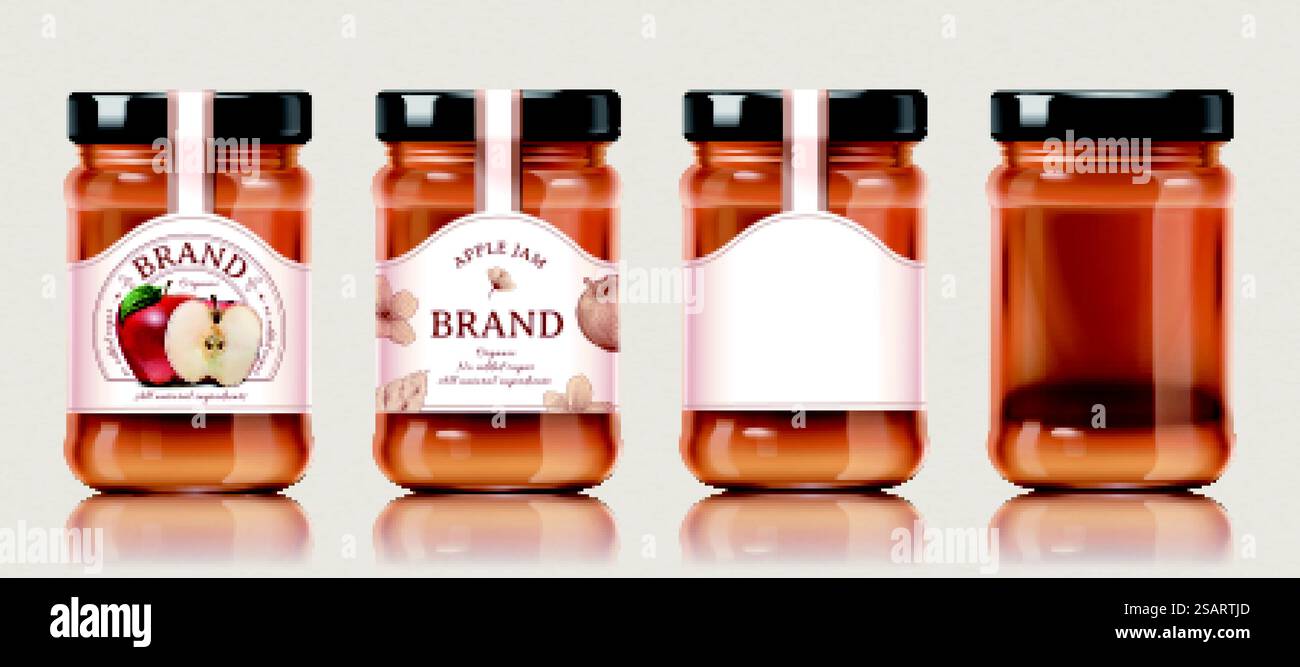 3d jam glass jar package design, isolated on beige background. Two with ...