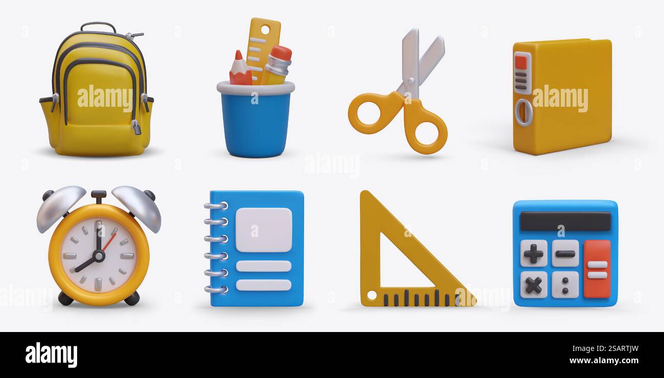 Set of 3D school objects, front view. Colored student icons in cartoon ...