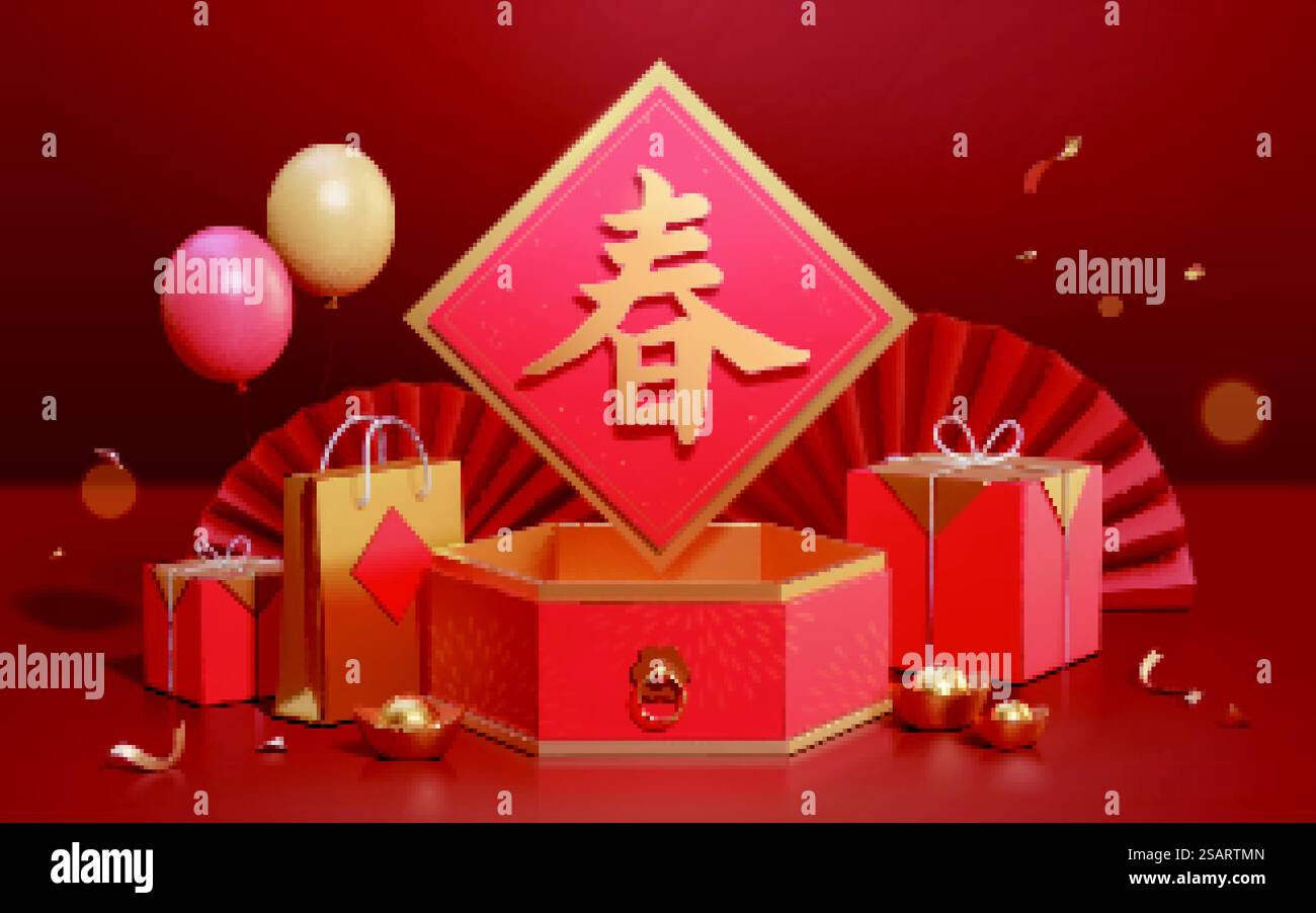 3d Chinese new year theme scene design. Composed of luxury calligraphy ...