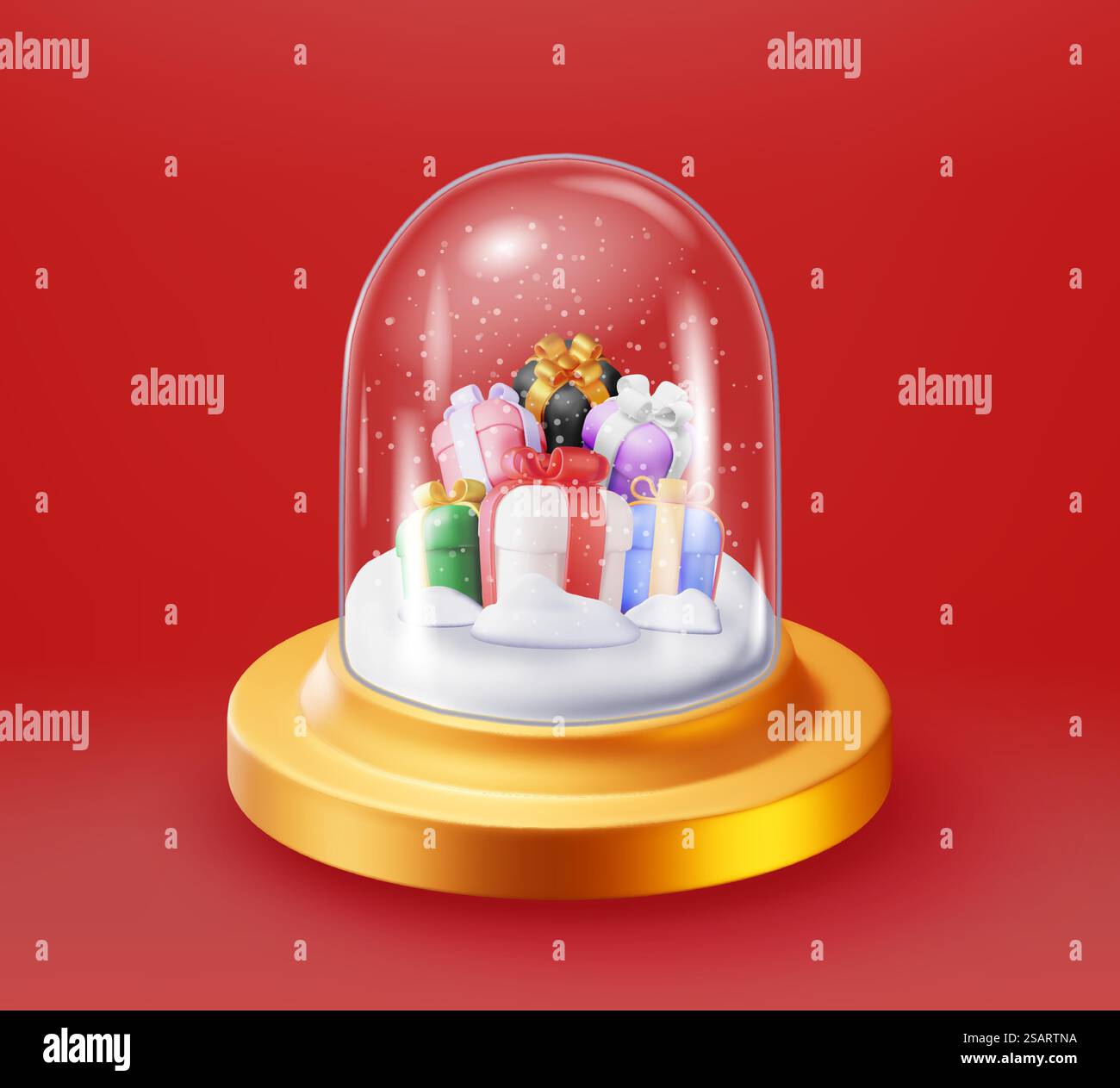 3D Glass Christmas Snow Globe with Gift Boxes Isolated. Render Sphere Podium with Presents. New ...