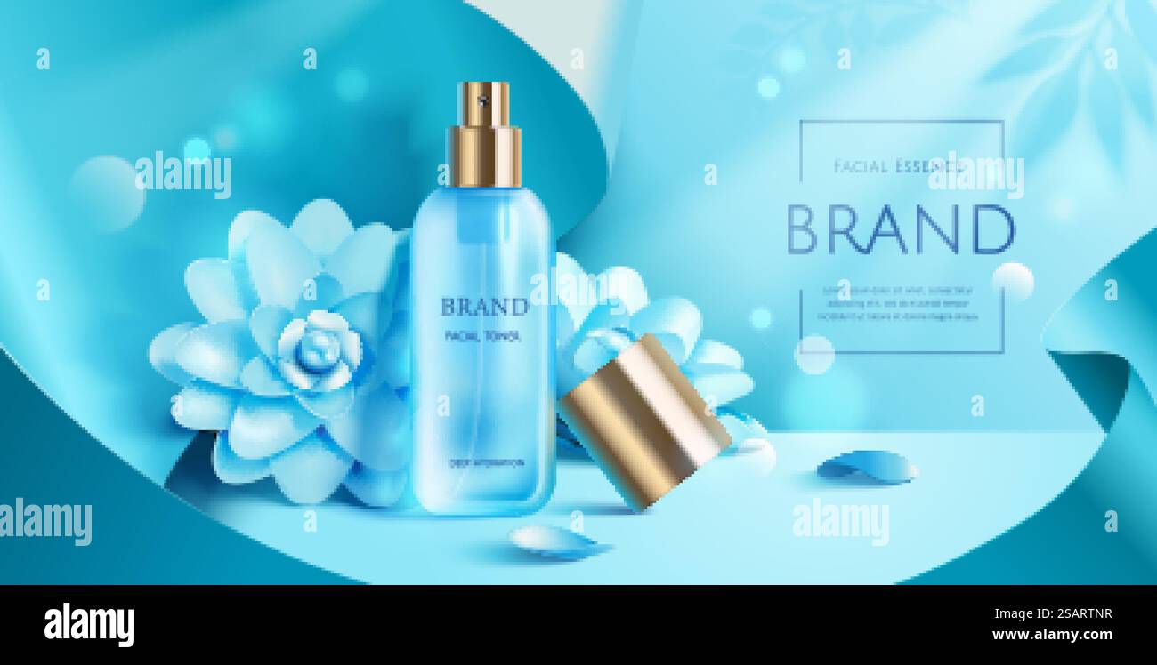 3d luxury cosmetic ad template, facial toner dispenser mockup with blue ...