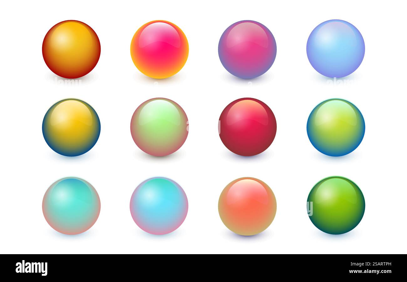 Set of colored balls with glares and shadow on white background. Modern spheres collection with ...