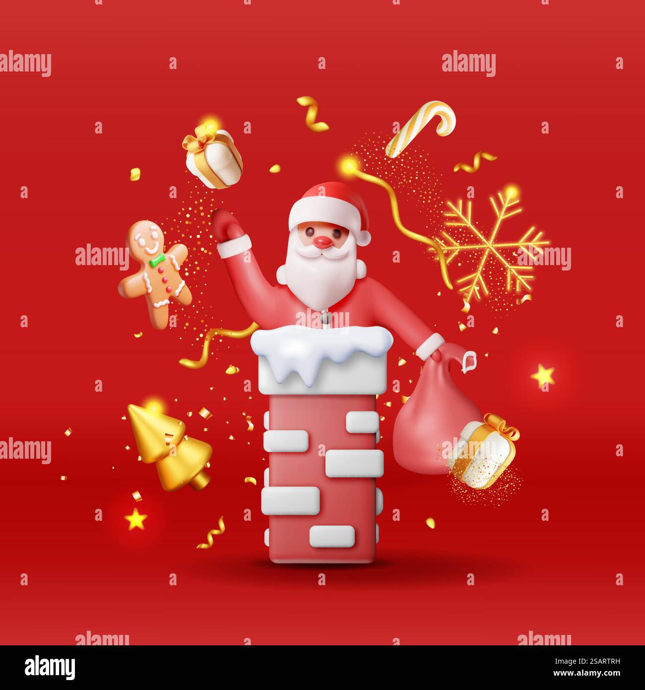 3D Santa Claus with Bag with Gifts in House Chimney Banner. Render ...