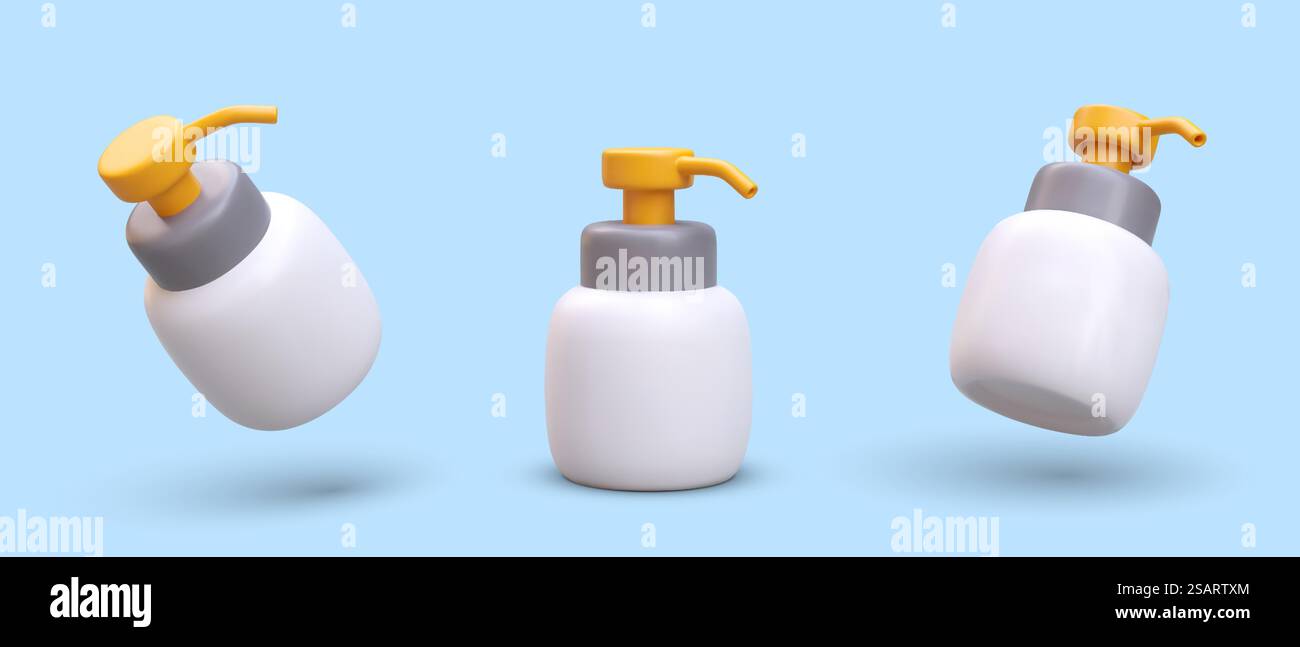 3d realistic dispenser for different liquids. Poster with three ...
